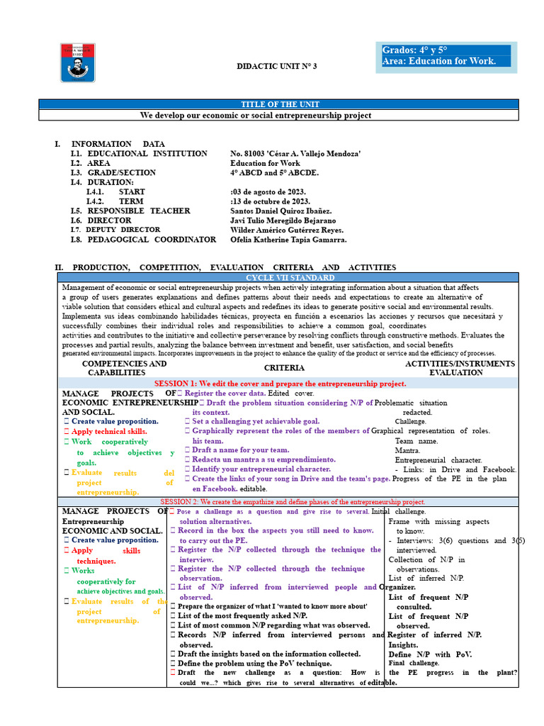 DIDACTIC UNIT #3 - 4th and 5th Grade EPT | PDF | Entrepreneurship ...