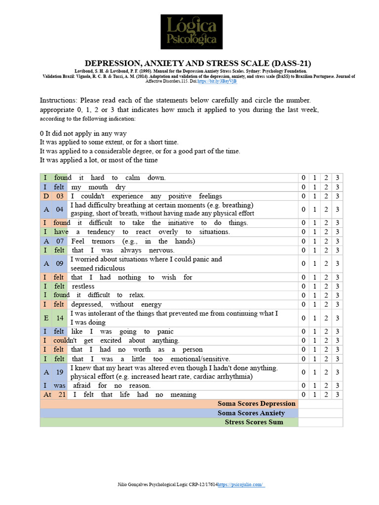 DASS-21: Depression, Anxiety, Stress Scale | PDF | Anxiety | Stress ...