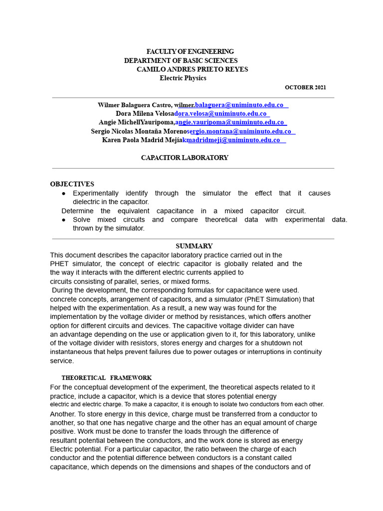 Laboratory Report Capacitors | PDF | Capacitor | Capacitance