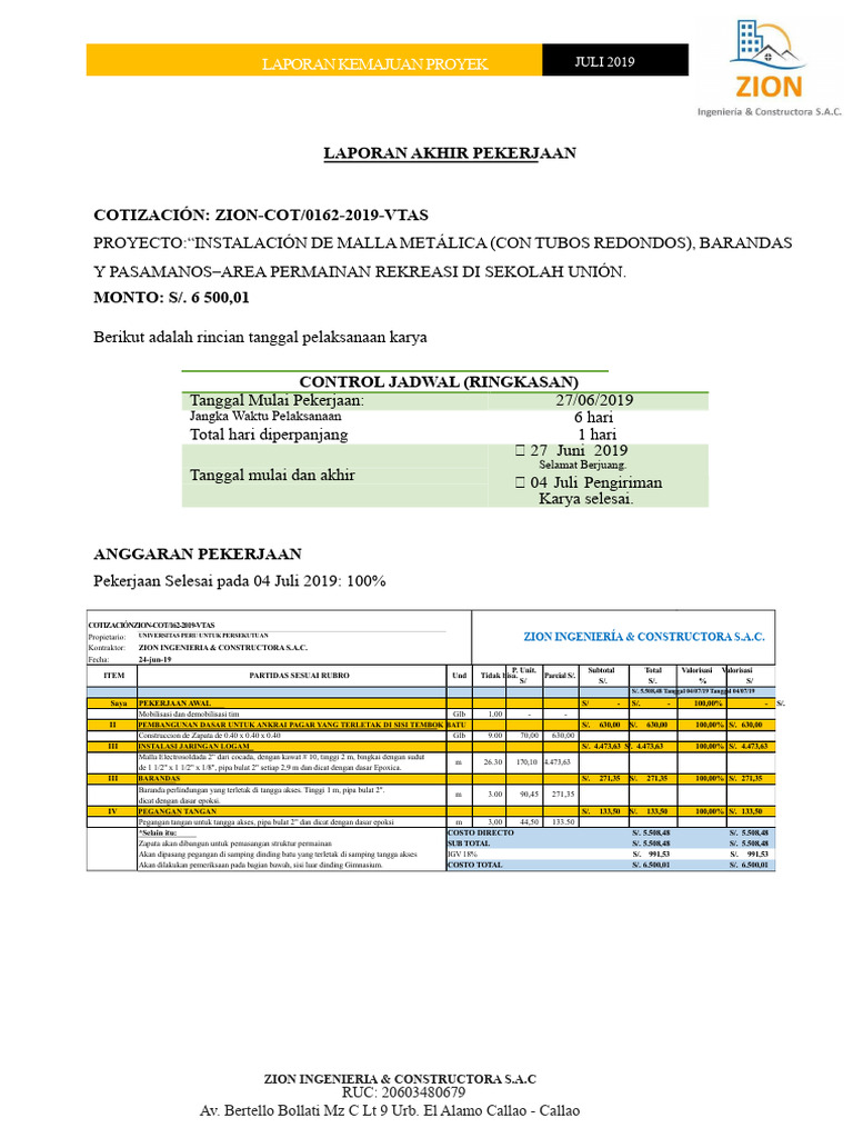 LAPORAN AKHIR PEKERJAAN - INSTALASI JARING LOGAM (DENGAN PIPA BULAT), PAGAR DAN PEGANGAN TANGAN ...