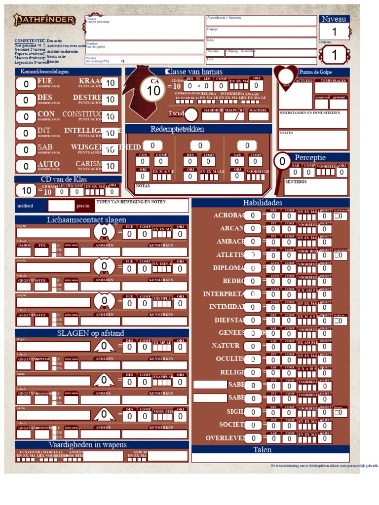 Pathfinder 2e Fiche Spaans Zelf in Te Vullen | PDF