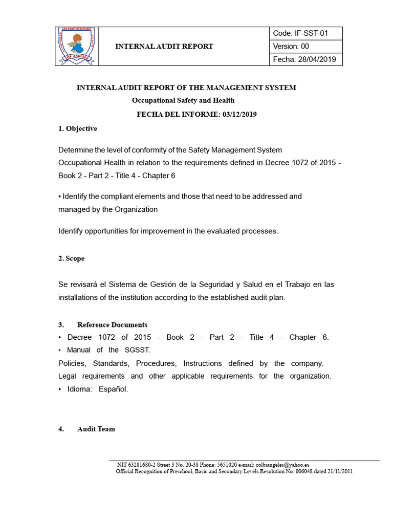 Internal Audit Report: Occupational Safety | PDF | Occupational Safety ...