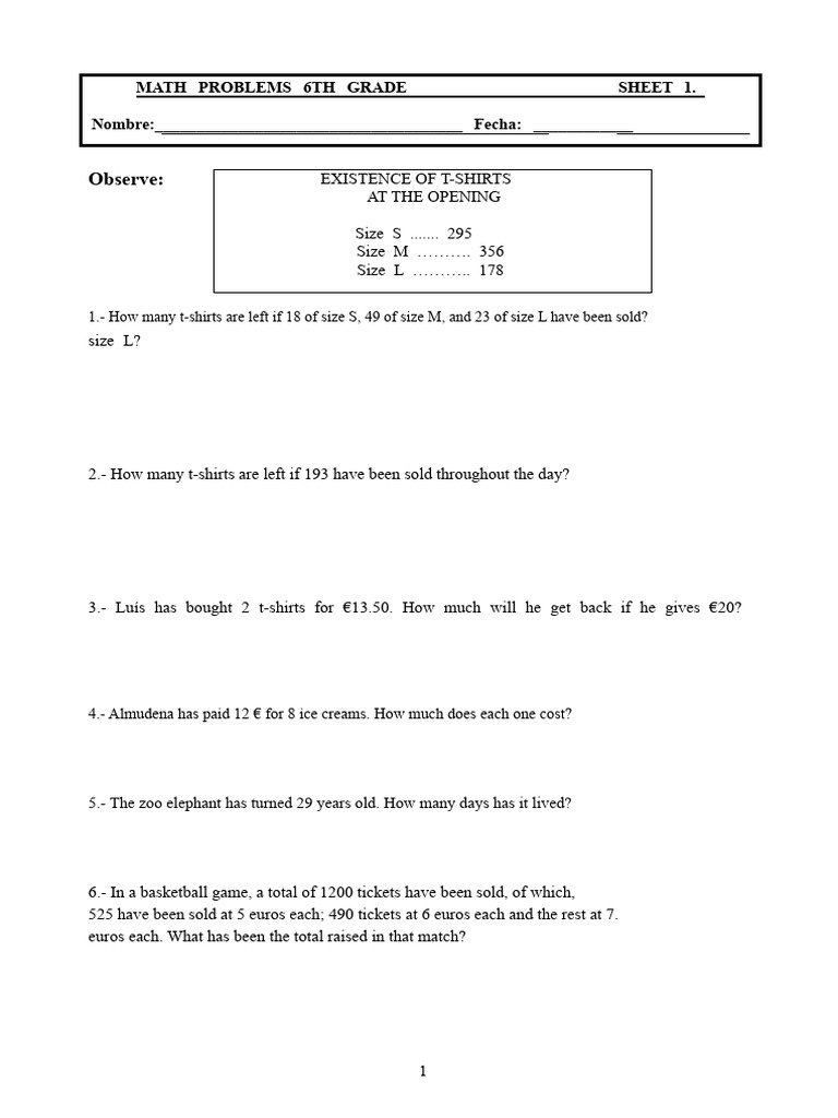 6th Grade Math Problem Worksheets | PDF | Prices
