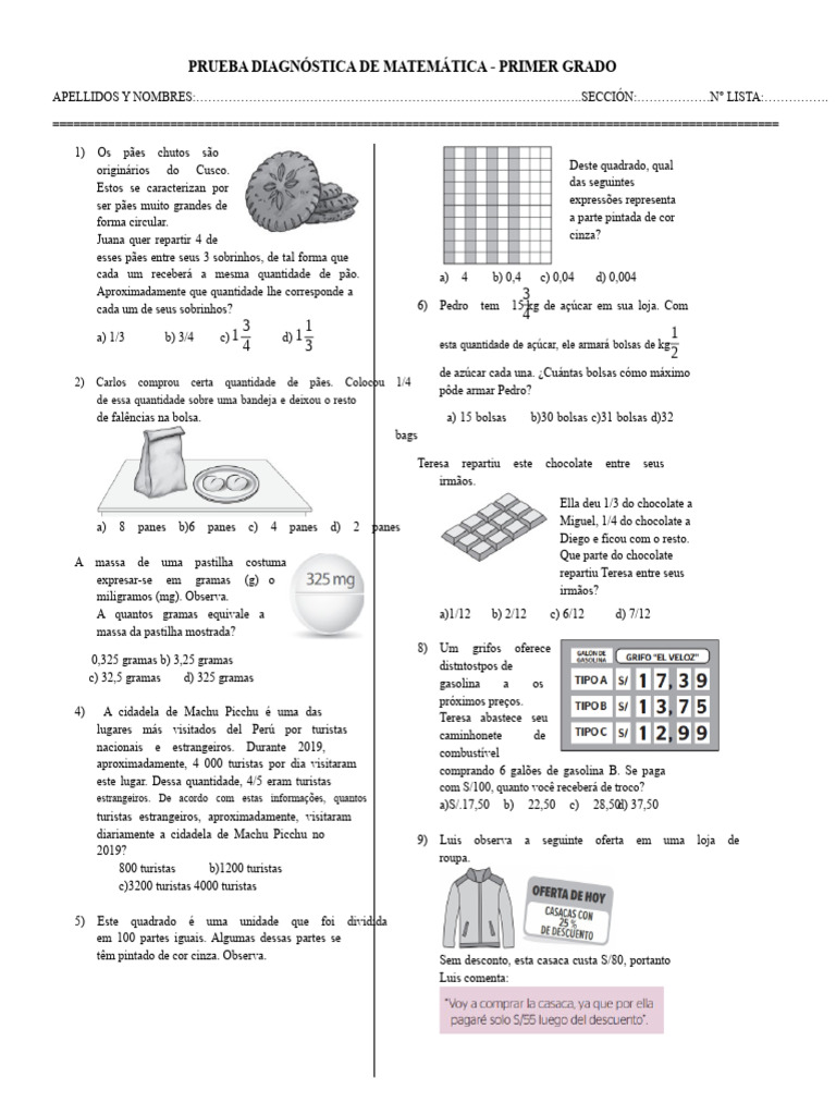Provas de Matemática para 1º Ano | PDF | Tempo