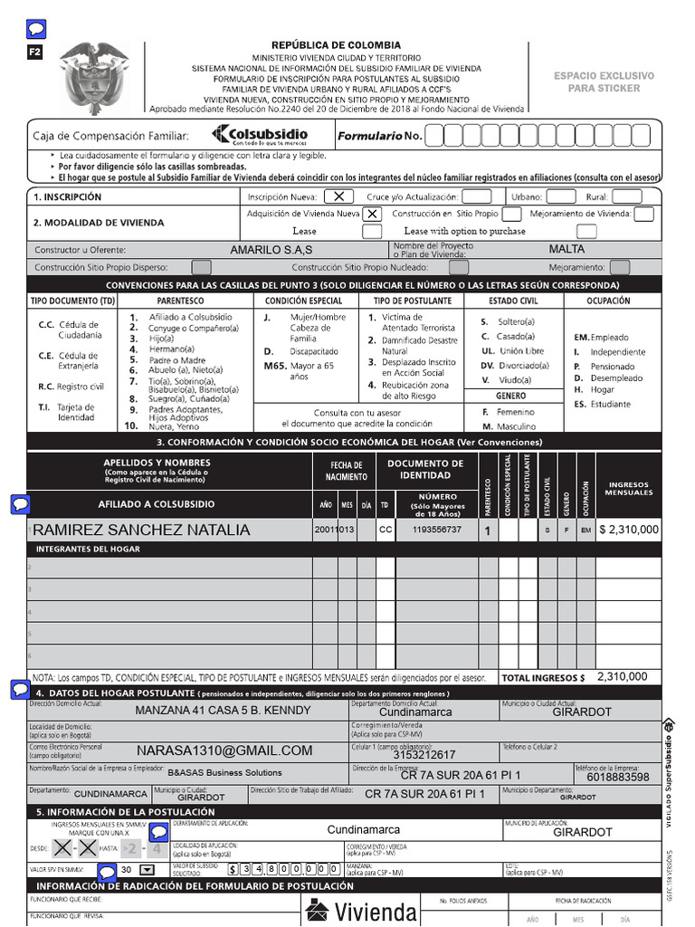 Colsubsidio Housing Subsidy Application Form Digital Submission | PDF