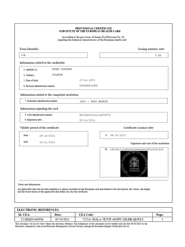 Provisional European Health Card Certificate | PDF | Identity Document ...