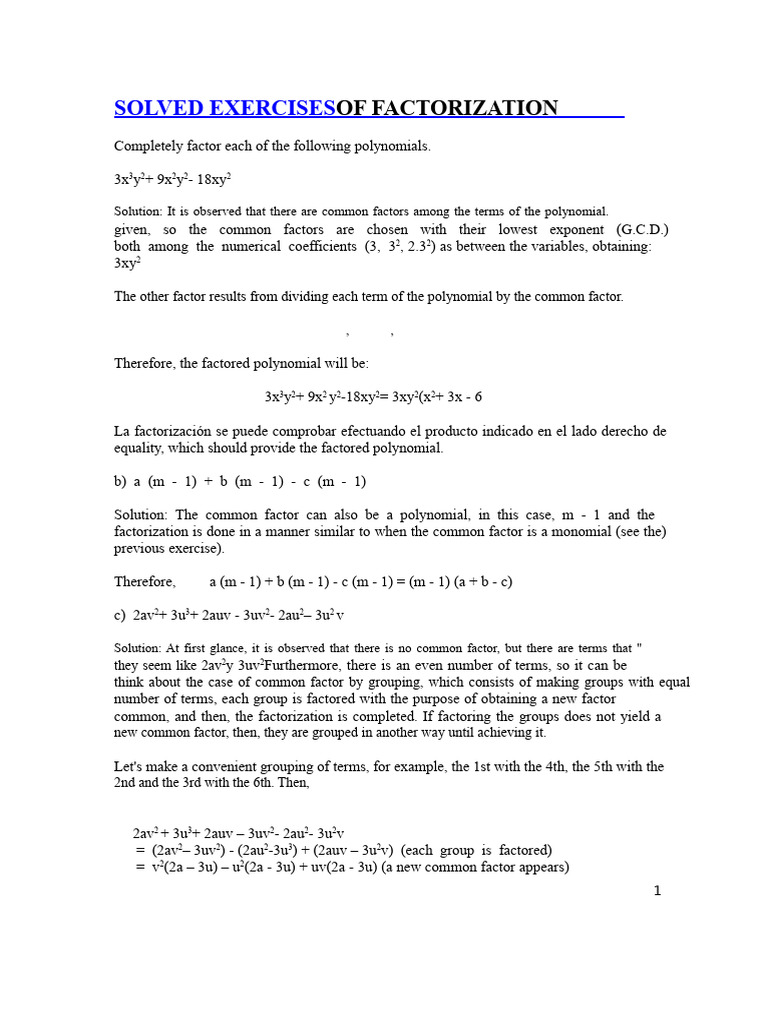 Solved Exercises on Factorization | PDF | Factorization | Polynomial