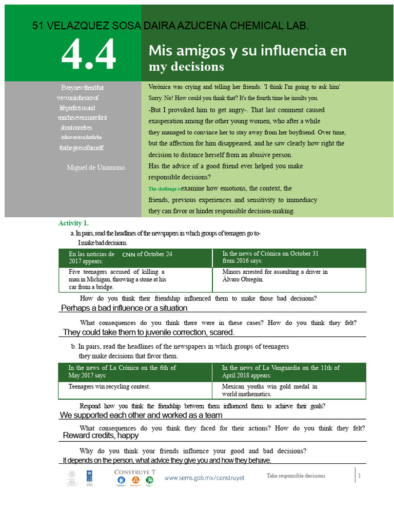 4.4 E My Friends and Their Influence On My Decisions M4 R2 | PDF ...