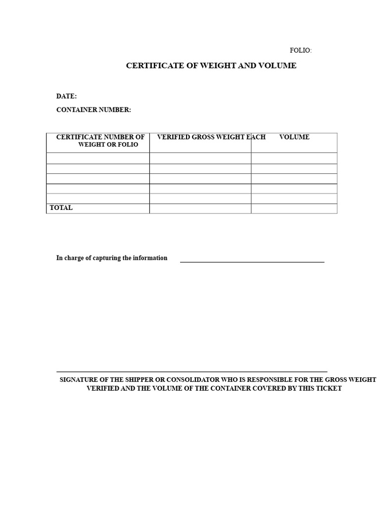 Container Weight and Volume Certificate | PDF