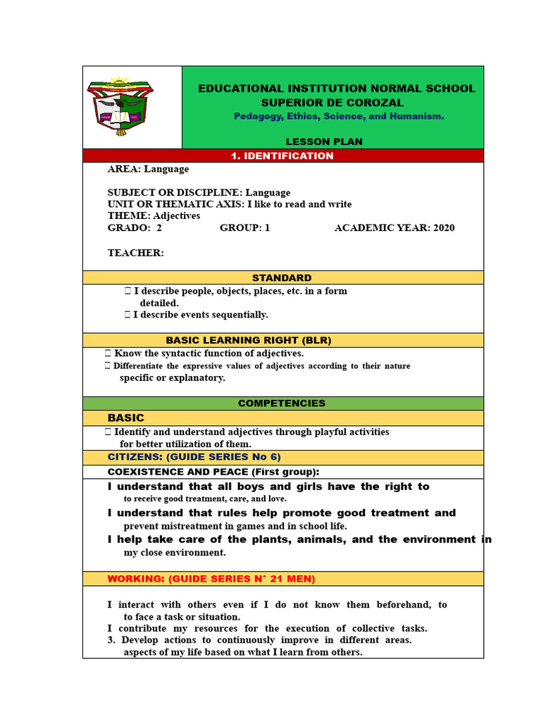 Lesson Plan The Adjectives | PDF | Grammatical Gender | Lesson Plan