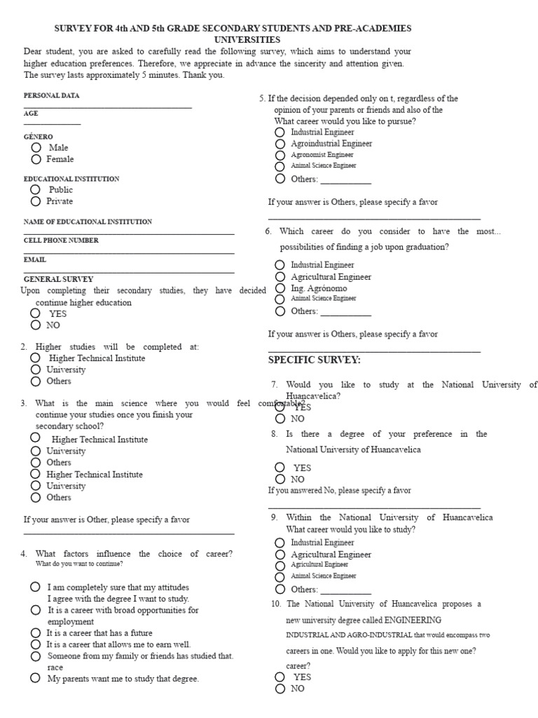 Survey For 4th and 5th Grade Secondary Students and Pre-Academies | PDF