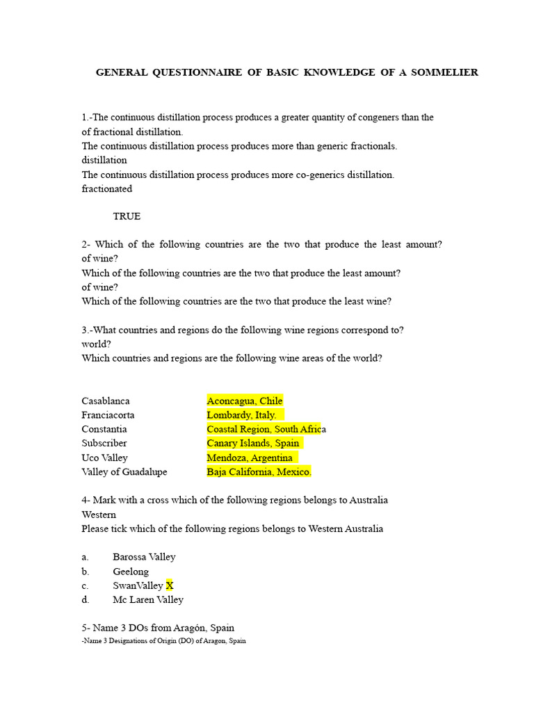 Sommelier Basic Knowledge Questionnaire | PDF | Alcoholic Drinks ...