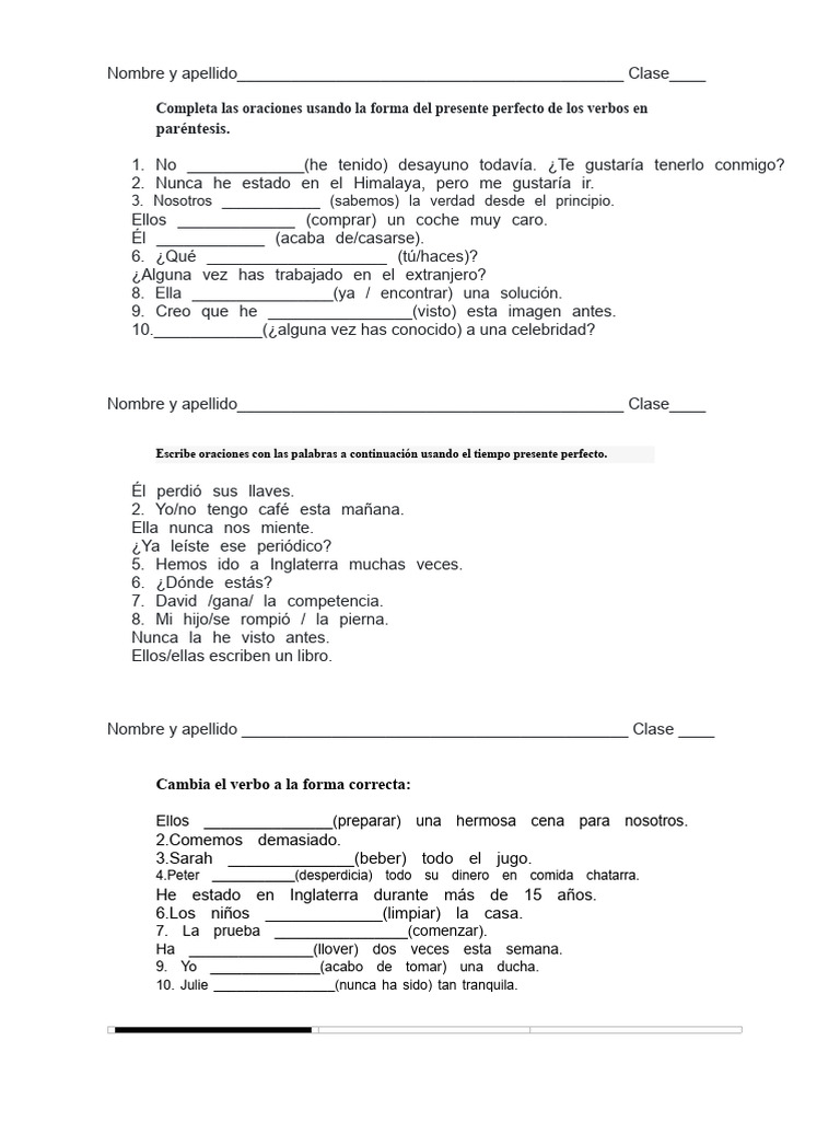 Ejercicios Del Presente Perfecto | PDF
