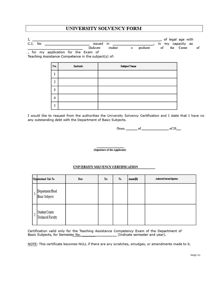 University Solvency Form | PDF