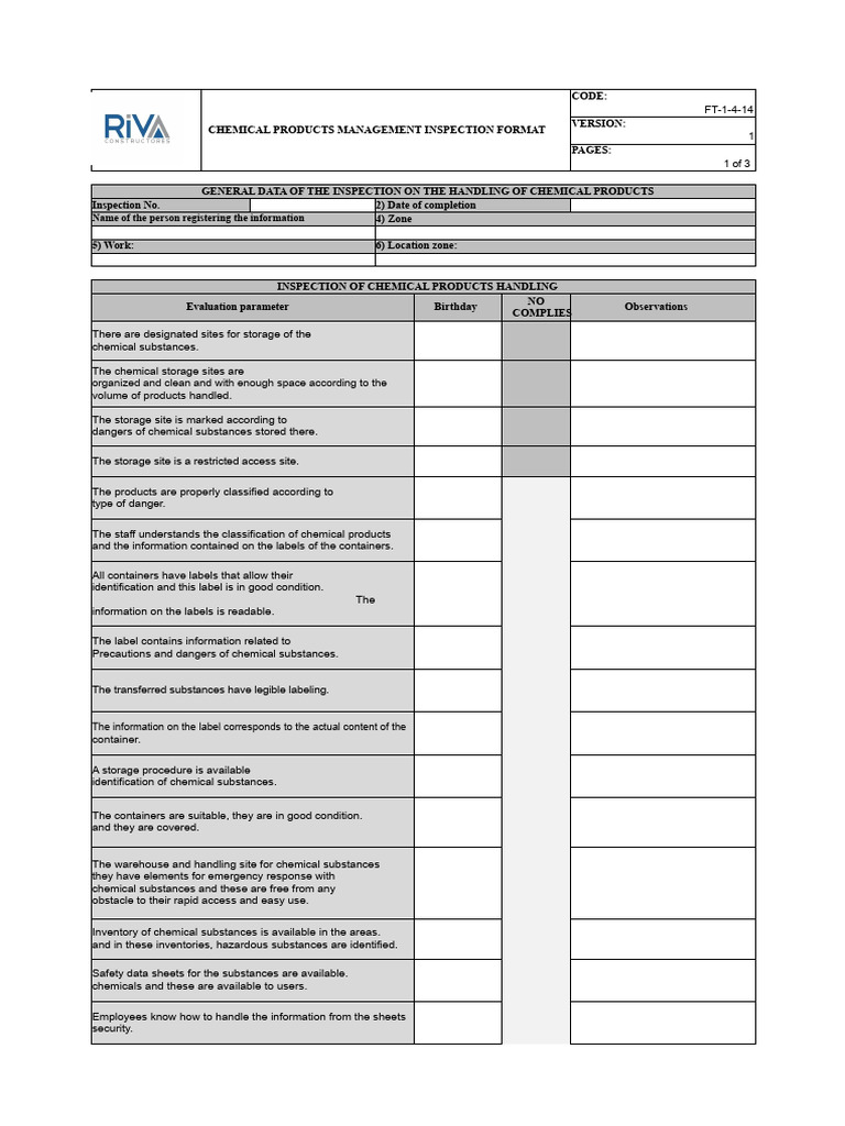 Chemical Inspection Format. | PDF | Working Conditions | Safety