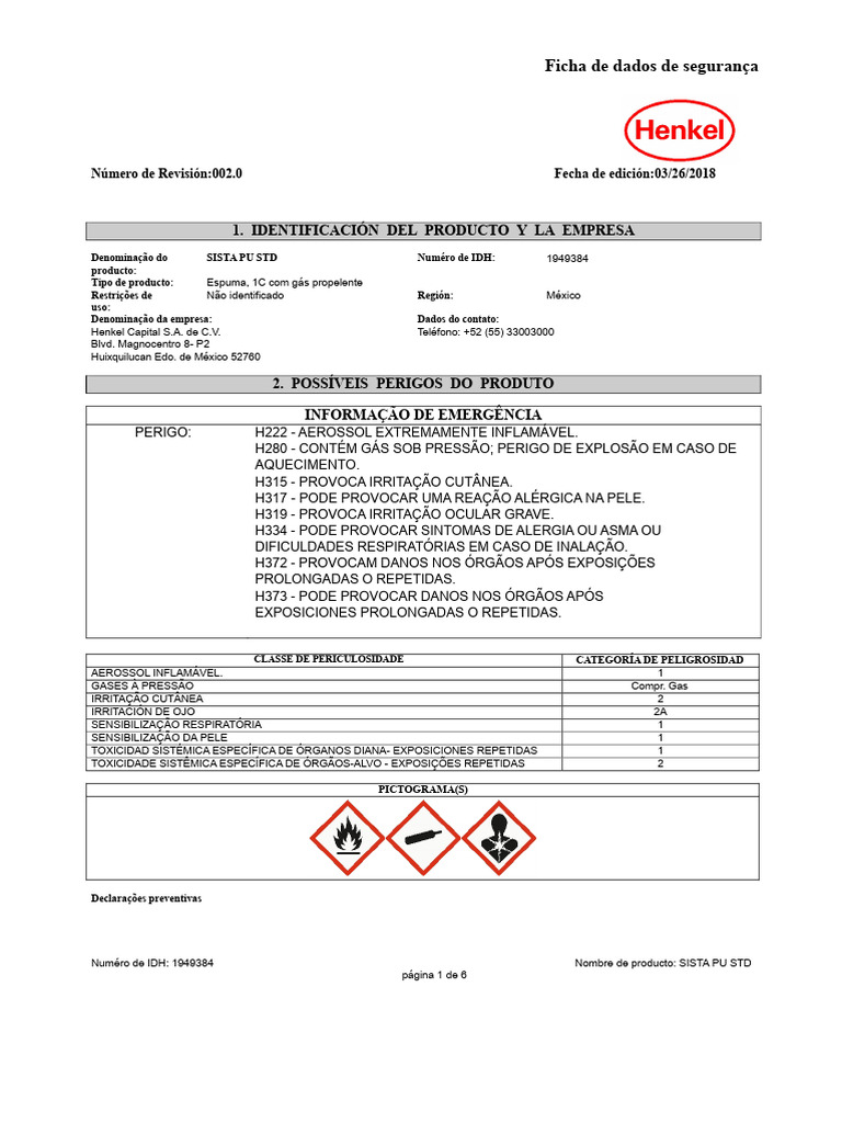 Ficha de Segurança do Produto SISTA PU STD | PDF | Alergia | Dióxido de ...