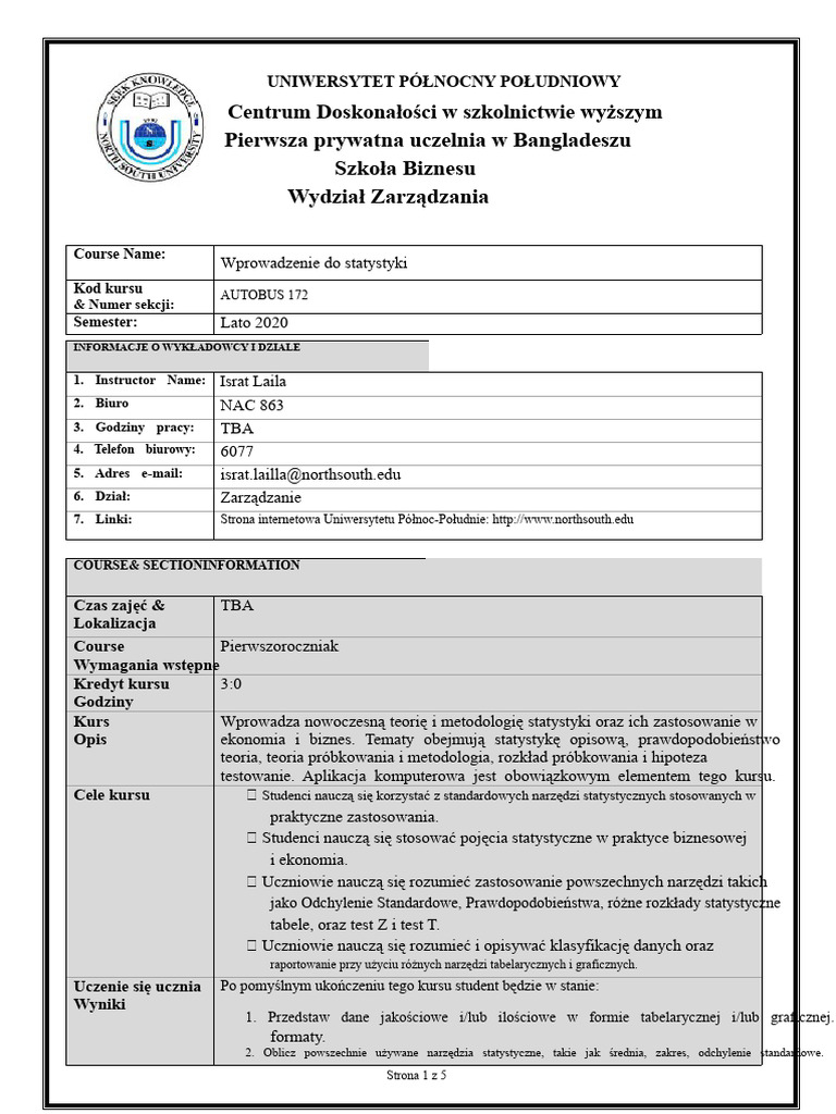 Plan kursu_BUS 172_Wprowadzenie do statystyki_IsL | PDF