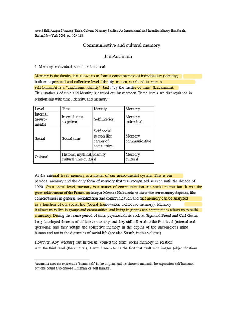 Assmann - Communicative and Cultural Memory | PDF | Identity (Social Science) | Knowledge