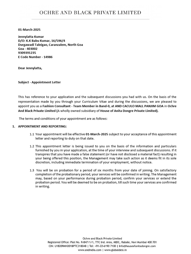 Appointment Letter for Fashion Consultant | PDF | Legal Remedy | Breach ...
