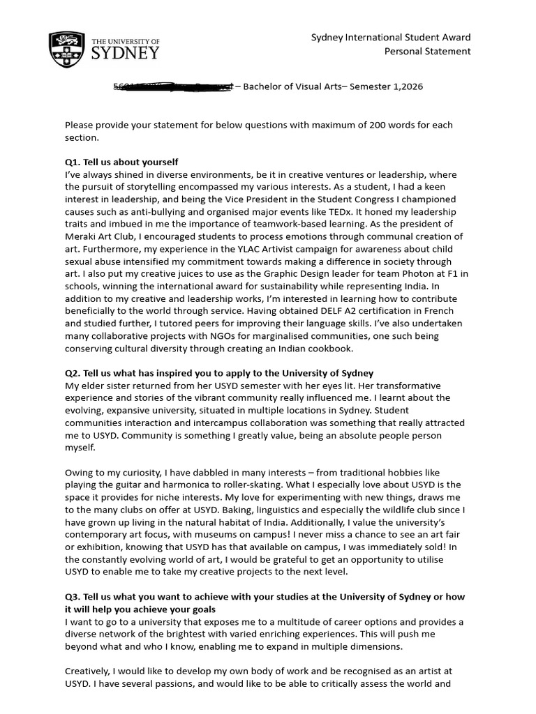 Visual Arts Application Statement 2026 | PDF | Leadership | Psychology