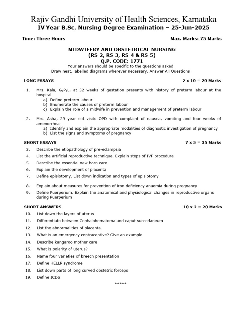 B.Sc. Nursing Midwifery Exam Questions | PDF | Childbirth | Pregnancy