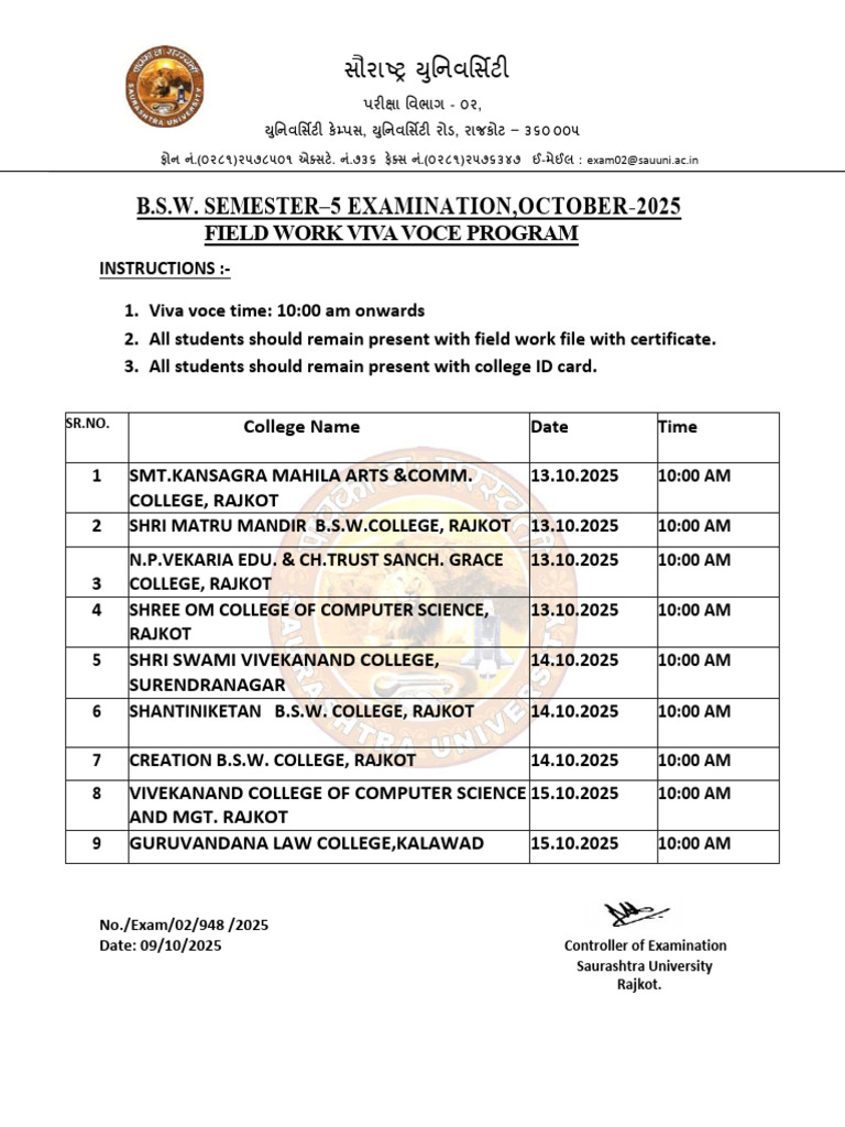 Bswsem 5 Practical Time Table Oct 2025 20251009160046 297 | PDF