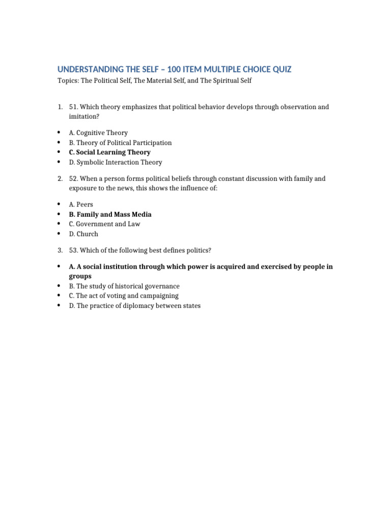 Understanding The Self 100 Items Quiz | PDF