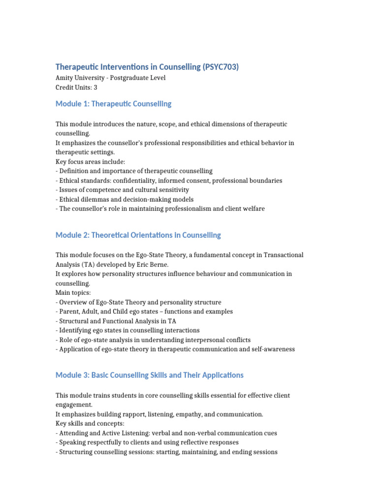 Therapeutic Interventions in Counselling Summary | PDF | Psychotherapy ...