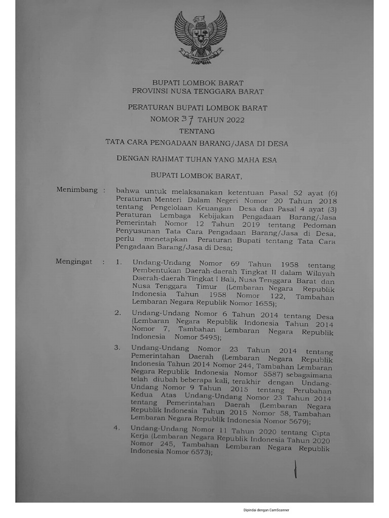 Perbub Tata Cara Pengadaan Barang Dan Jasa Di Desa | PDF