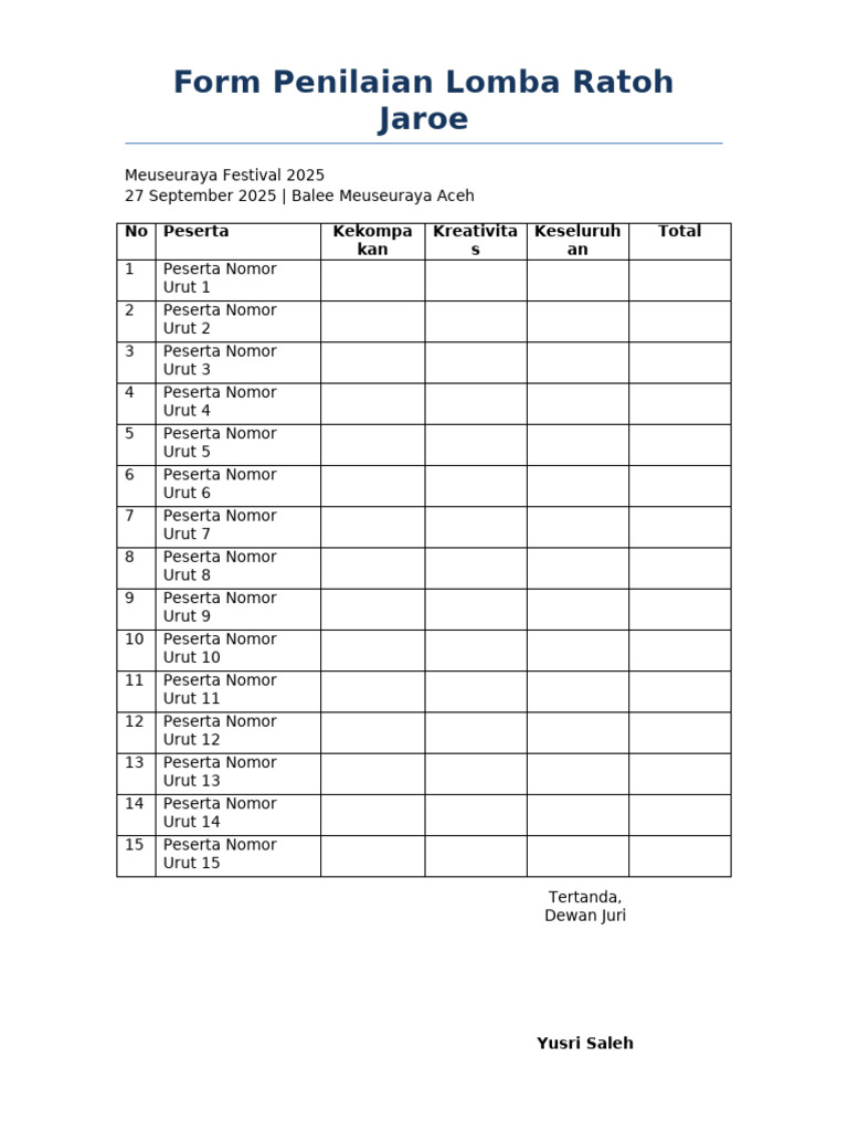 Form Penilaian Lomba Ratoh Jaroe | PDF