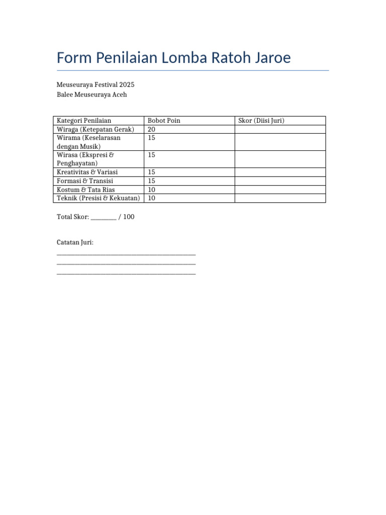 Form Penilaian Lomba Ratoh Jaroe 2025 | PDF