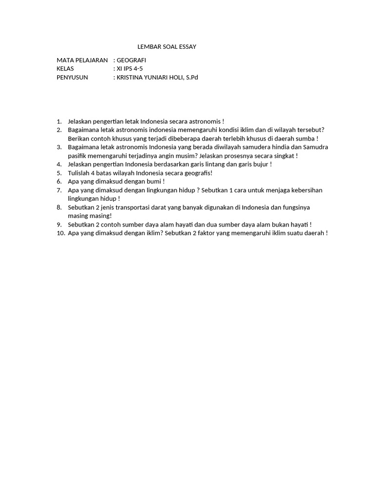Lembar Soal Essay Geografi | PDF