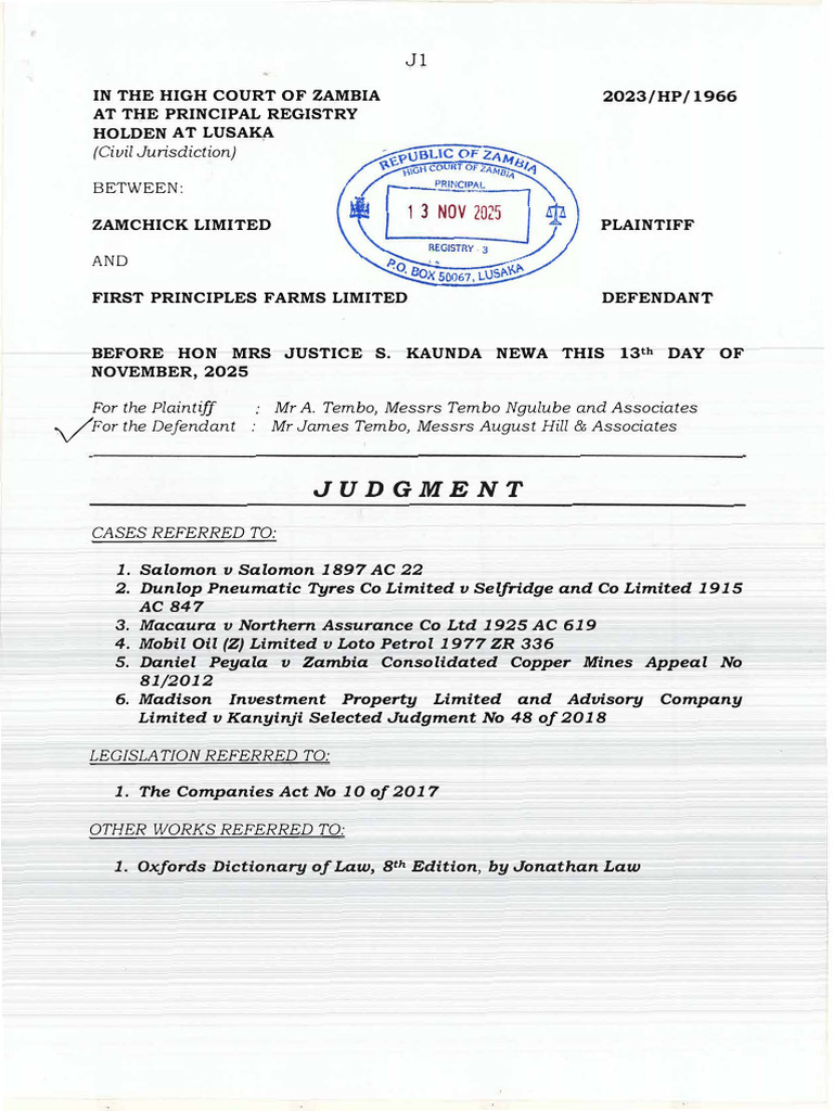 Zamchick Ltd vs First Principles Farms Case | PDF | Ratification | Chicken
