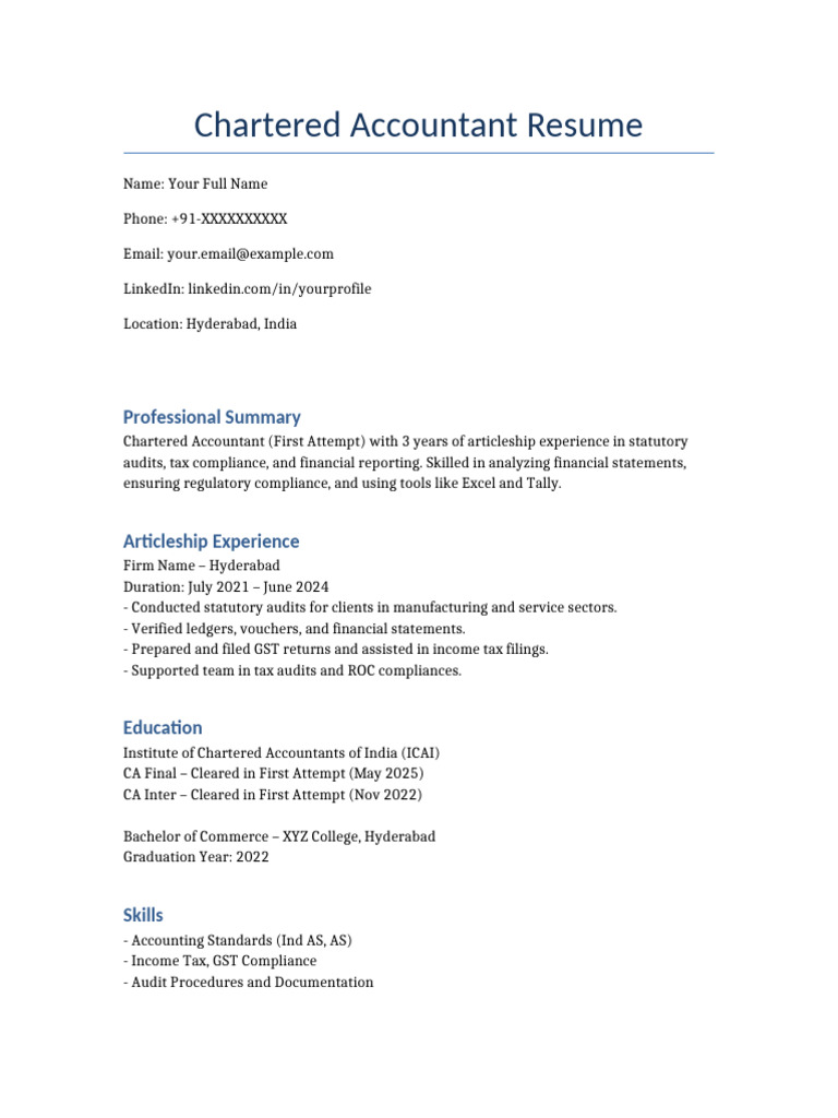 Chartered Accountant Resume Example | PDF