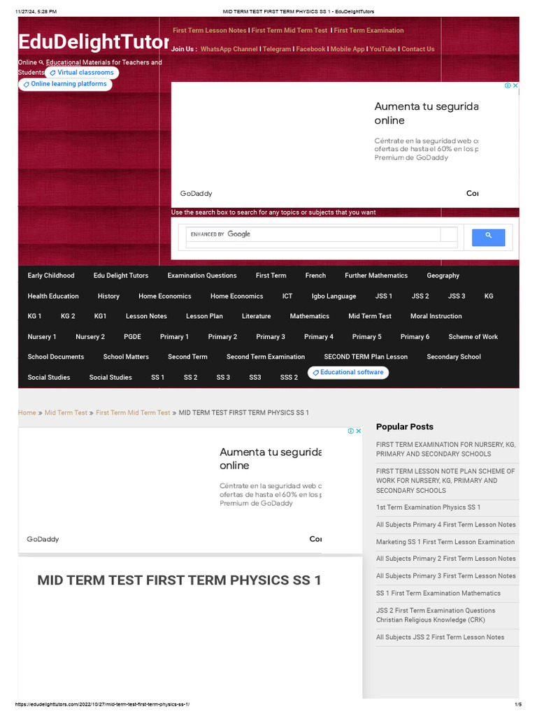 SS1 First Term Physics Mid Term Test | PDF | Heat | Force