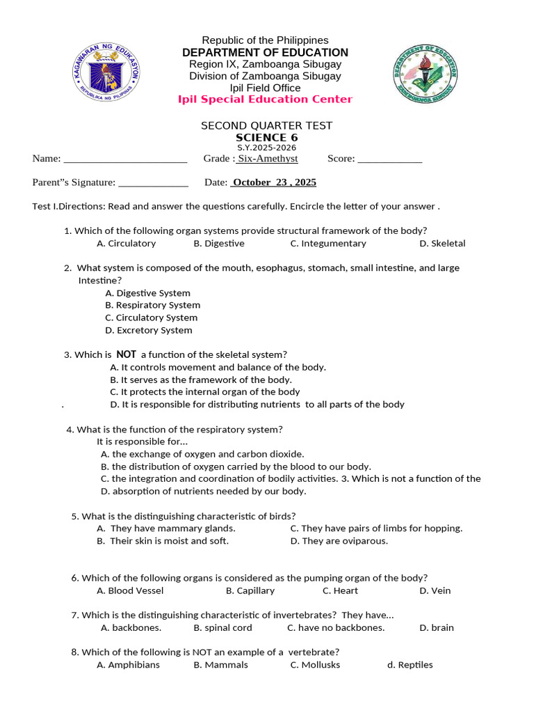 Q2 - Science 6 Quarter Test 1 | PDF | Respiratory System | Foods