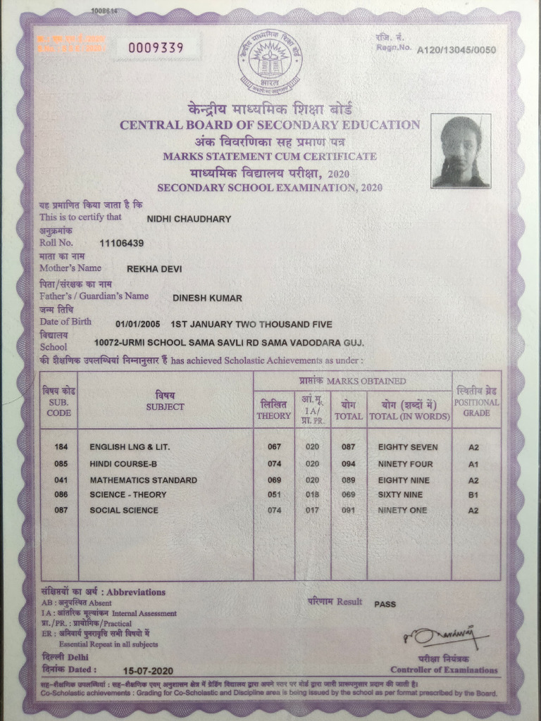 Nidhi 10th Marksheet | PDF | Schools | Educational Stages
