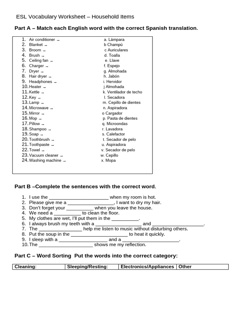 ESL Worksheet: Household Vocabulary Practice | PDF