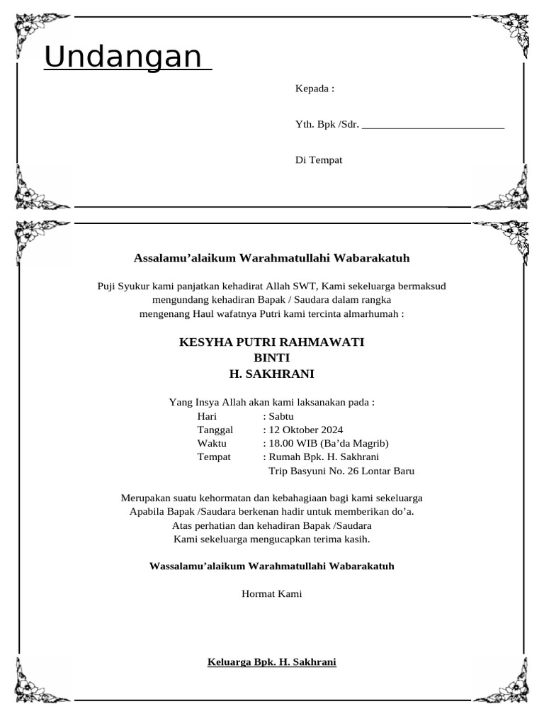 Undangan Haul Kesyha Putri Rahmawati | PDF