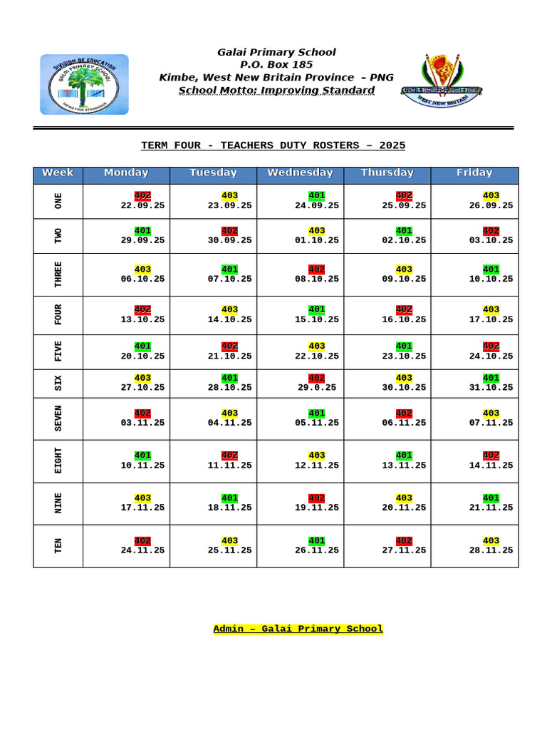 Teachers Duty Rosters Term 4 2025 | PDF