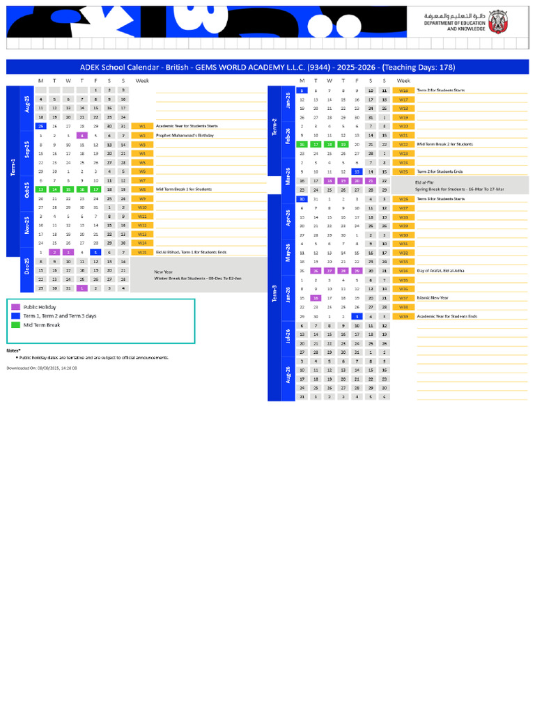 Adek School Calendar - Gems World Academy l.l.c. (9344) - 2025-2026-1 | PDF
