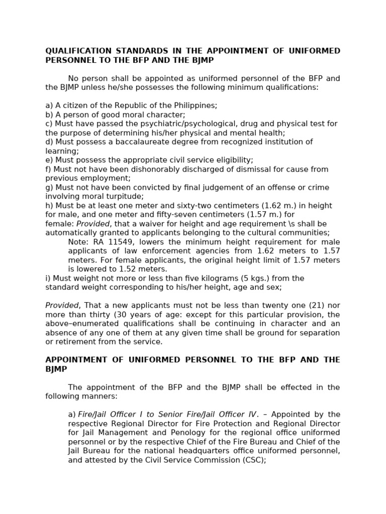 Qualification Standards in The Appointment of Uniformed Personnel To ...