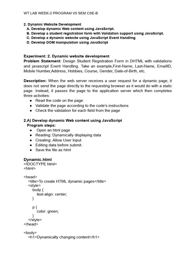 WT Lab Week-2 Program Vii Cse-B | PDF | Dynamic Web Page | Document Object Model