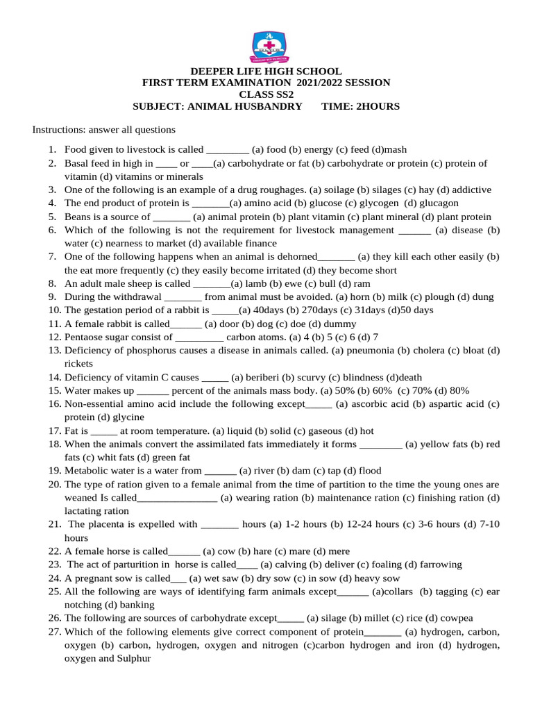 Ss 2 Animal Husbandry First Term Exam 2021-2022 | PDF | Sheep | Foods