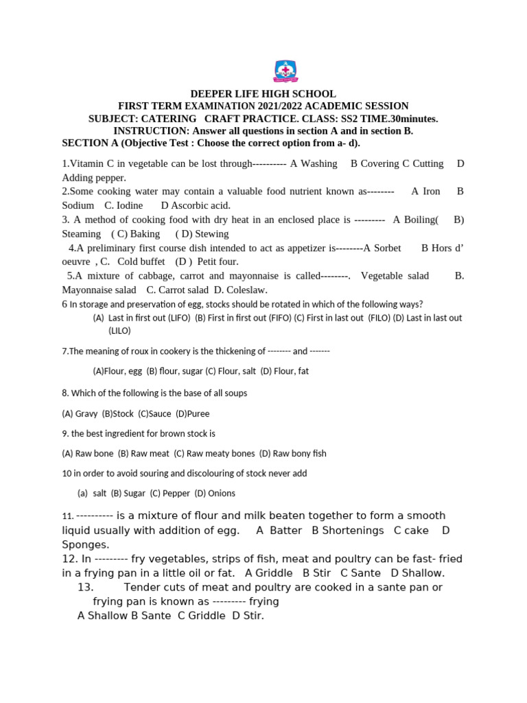 Ss 2 Catering Craft Pract. First Term Exam 2021-2022 | PDF | Cakes ...