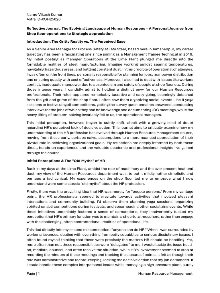 HRM Reflective Journal by Vikash Kumar - XOH25026 | PDF | Employee ...