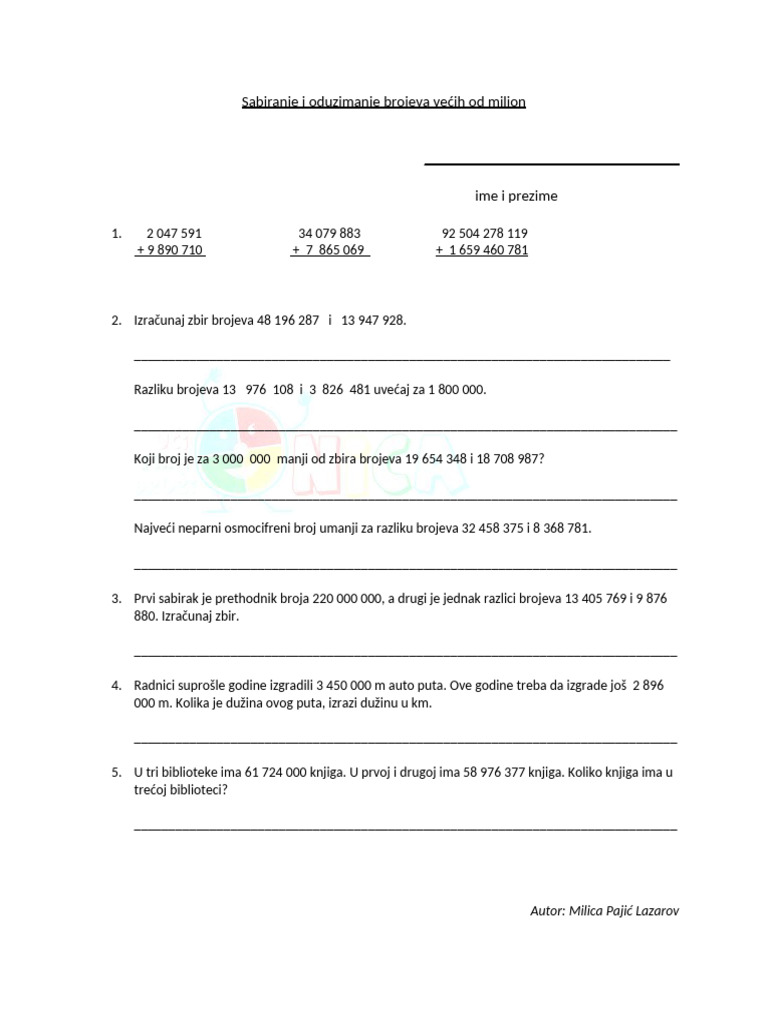 1 Sabiranje I Oduzimanje Brojeva Većih Od Milion | PDF