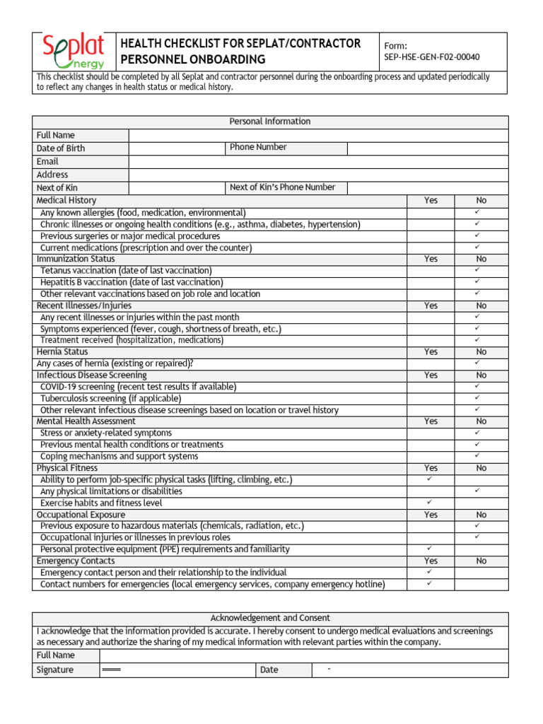 Seplat Contractor Personnel Health Checklist | PDF | Vaccination ...
