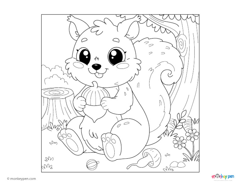3173 12 Cute Squirrel With Acorn Colouring Page | PDF