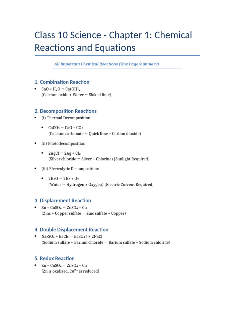 Class 10 Chemical Reactions Chapter 1 | PDF